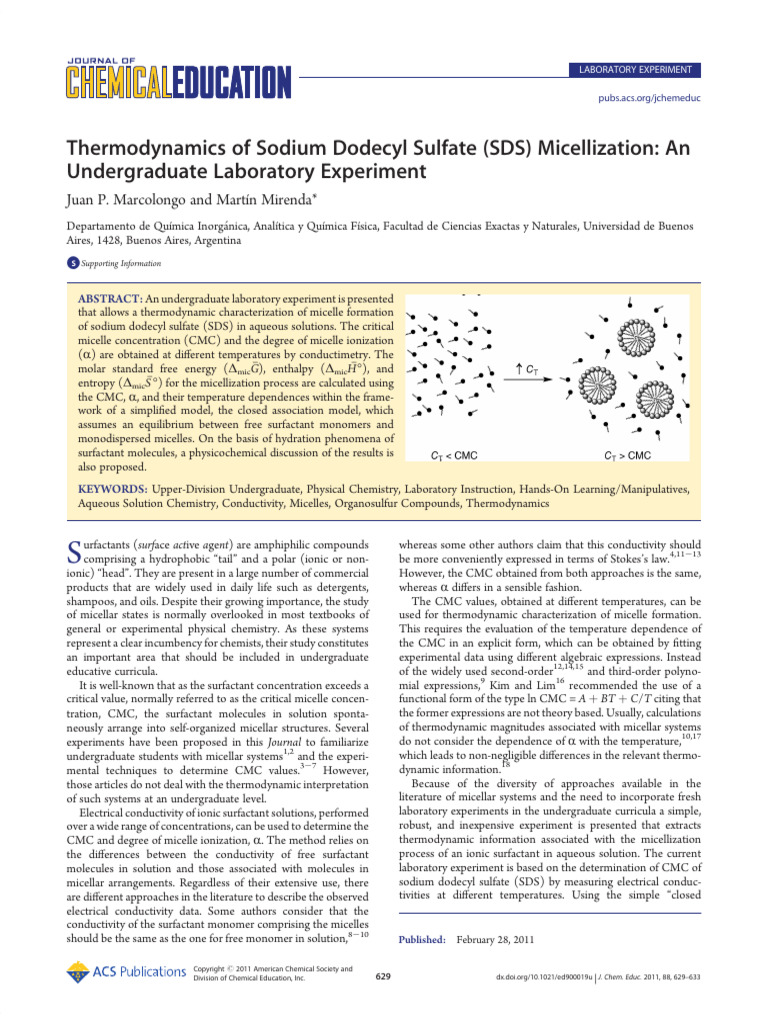 Thermodynamics of Sodium Dodecyl Sulfate (SDS) Micellization | PDF ...