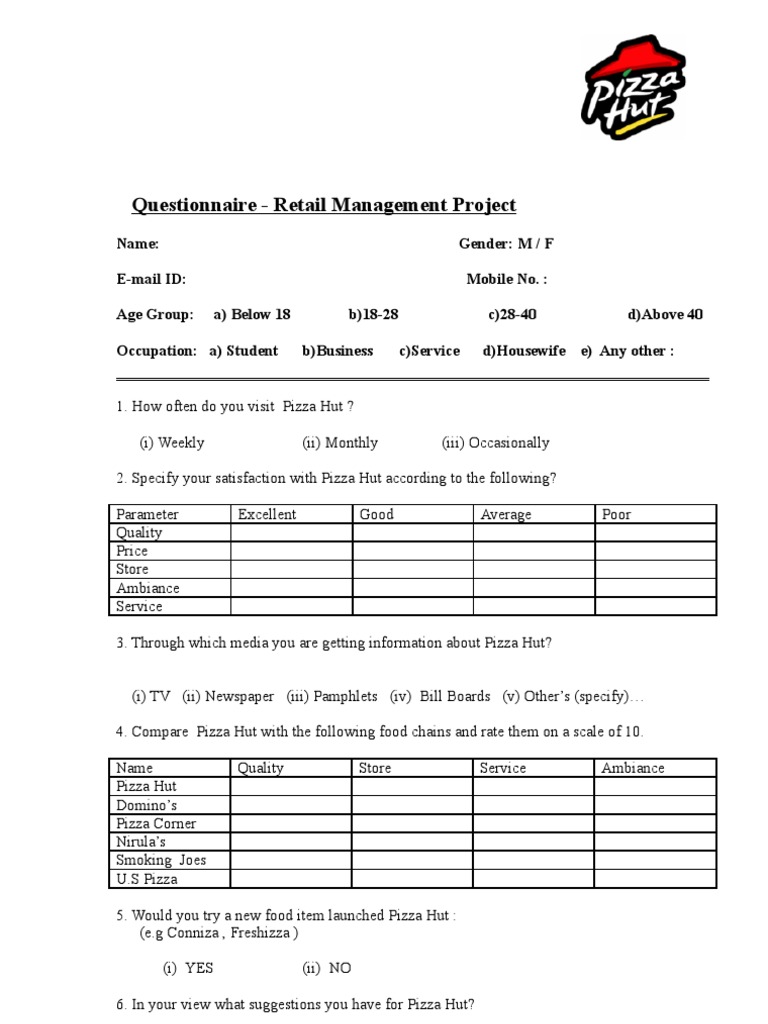 Questionnaire-Pizza Hut | PDF | Domino's Pizza | Business