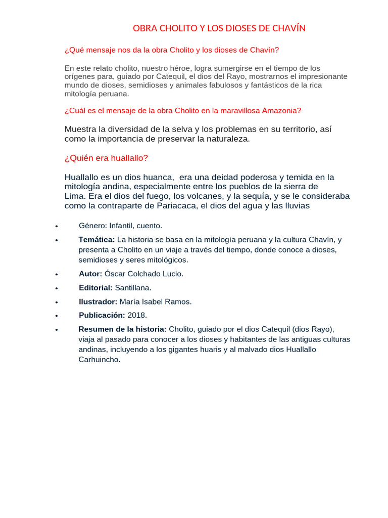 Obra Cholito y Los Dioses de Chavín | PDF
