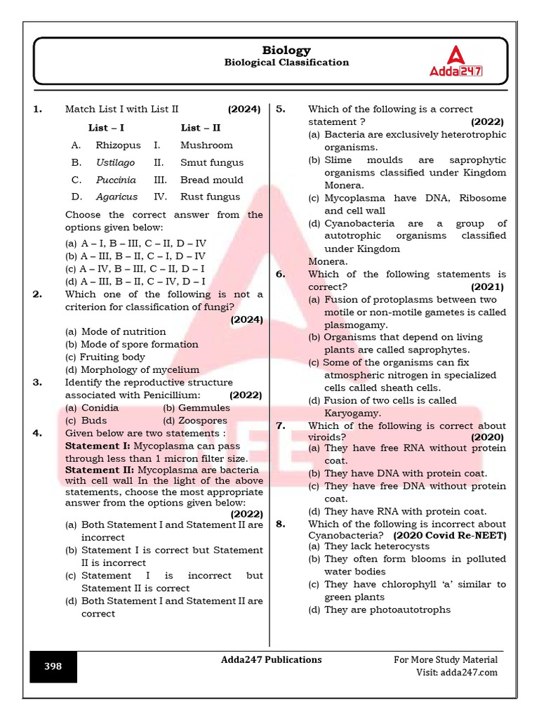 Biological Classification Sample Paper (1) | PDF | Fungus | Cell (Biology)
