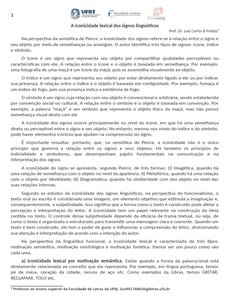 FREITAS A Iconicidade Lexical Dos Signos Linguísticos | PDF ...