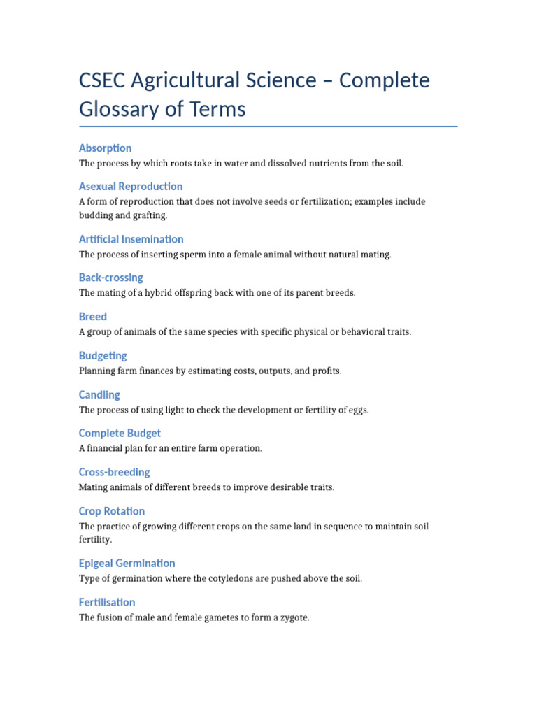 CSEC Agricultural Science Glossary | PDF | Soil | Plant Nutrition