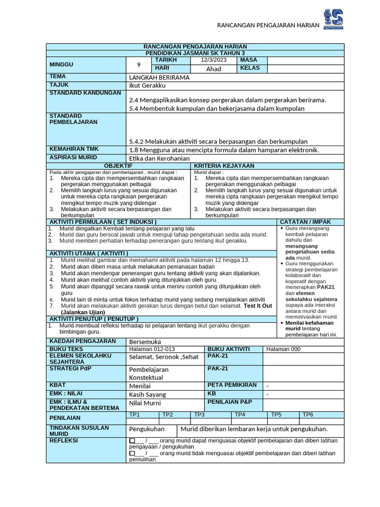 RPH Minggu 9 Pendidikan Jasmani THN 3 2023 | PDF