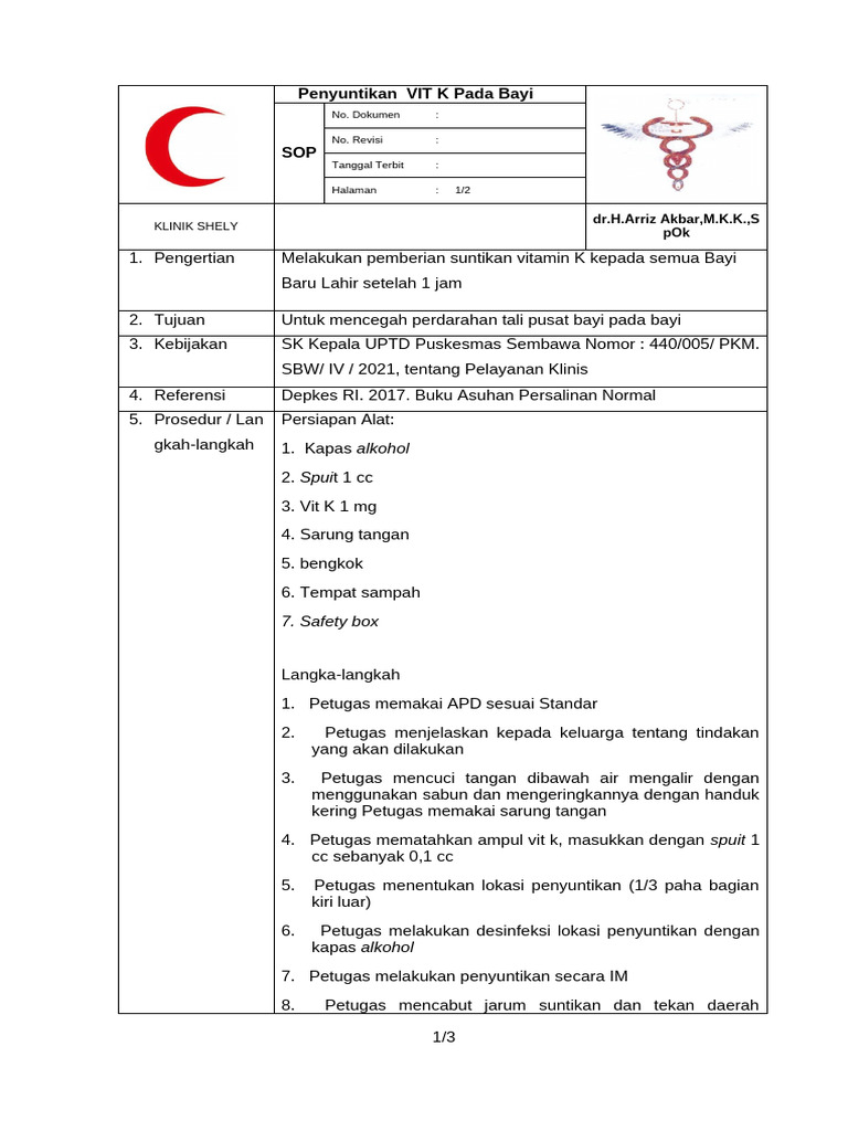 SOP PENYUNTIKAN VIT.K PADA BAYI | PDF