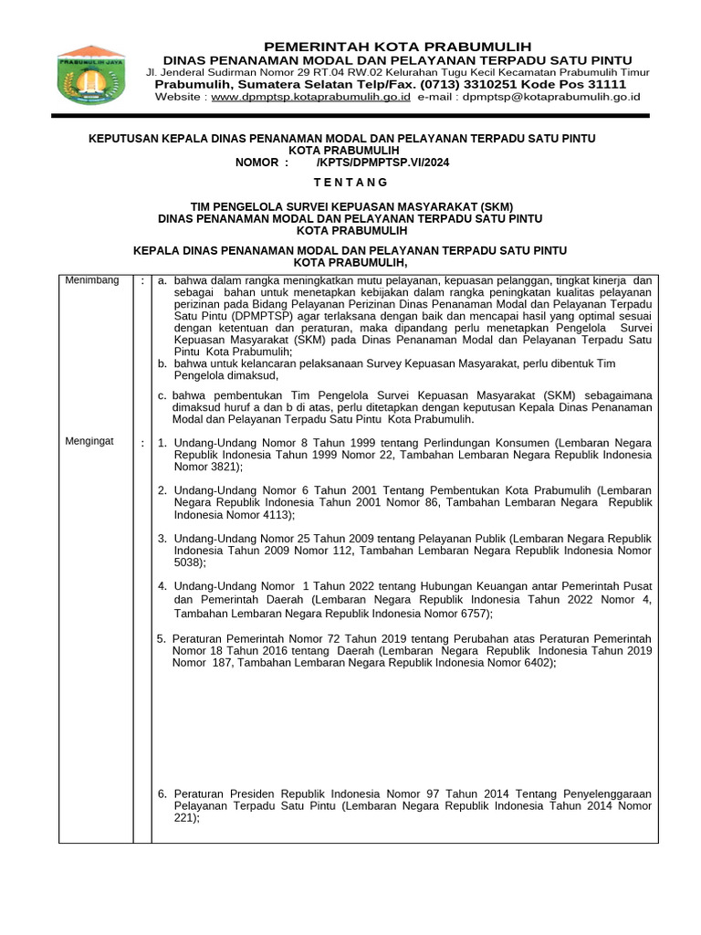 SK Kadin TTG Pengelola SKM DPMPTSP Tahun 2024 | PDF
