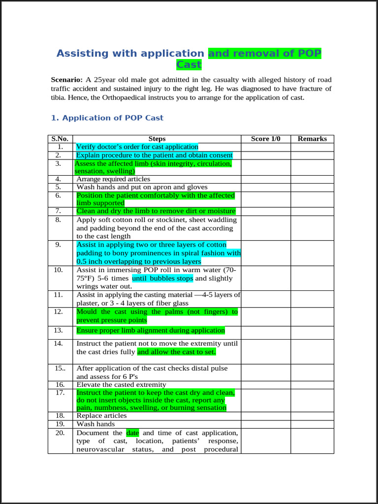 Checklist-Assisting With Application and Removal of POP Cast | PDF