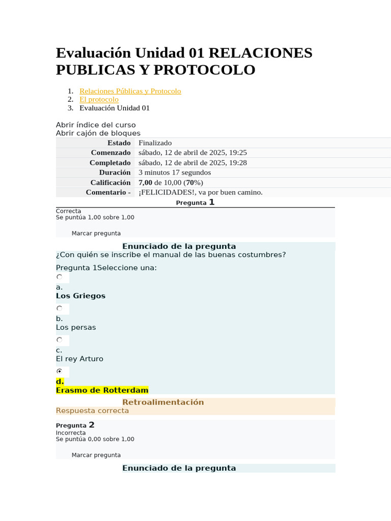 Evaluación Unidad 01 RELACIONES PUBLICAS Y PROTOCOLO | PDF