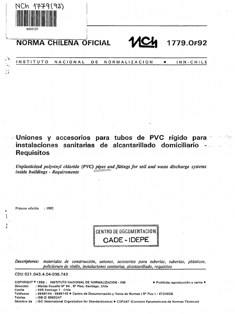 NCH 1779 of 92 - Uniones PVC Domiciliario Alcantarillado | PDF