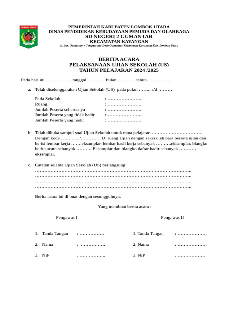 Berita Acara Pelaksanaan Ujian Sekolah | PDF
