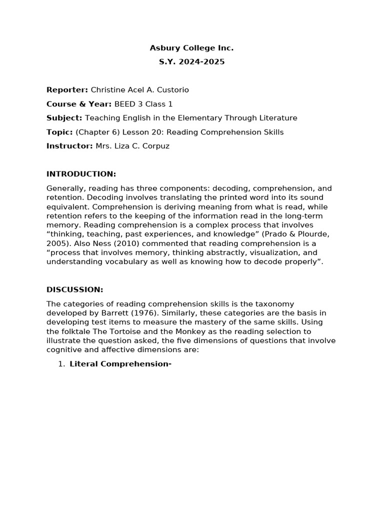 Asbury College Inc DP in Literature | PDF