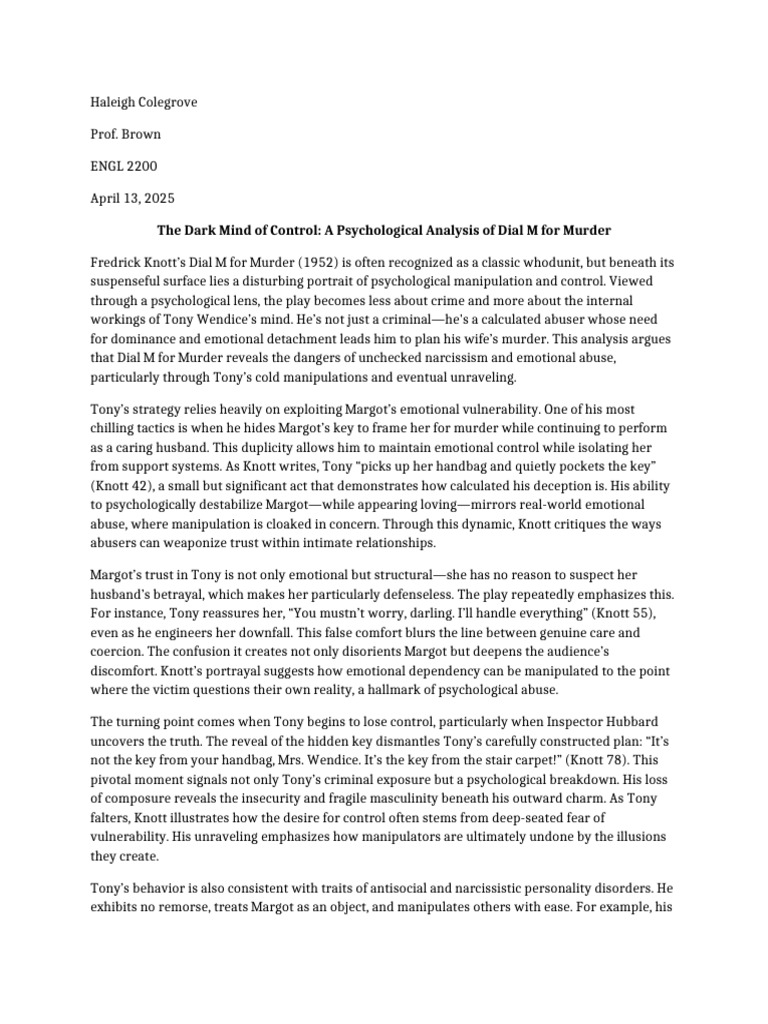 Psychological Control in Dial M for Murder | PDF | Social Psychology ...