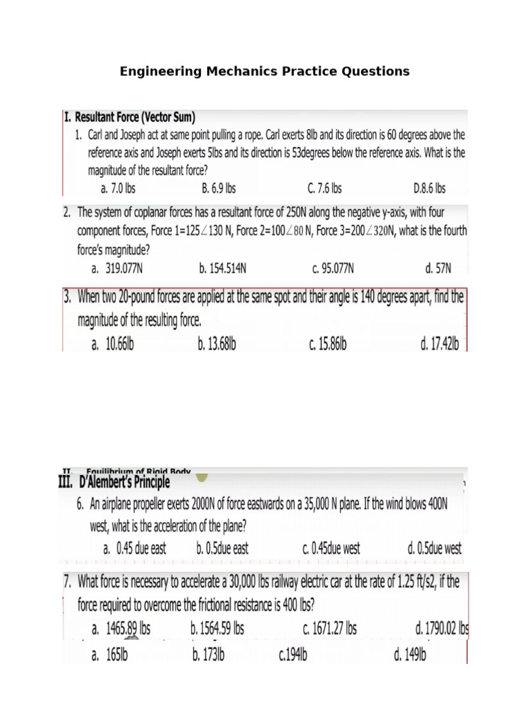 Engineering Mechanics Practice Questions | PDF