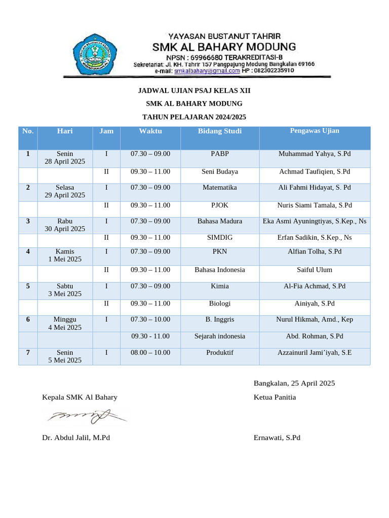 Jadwal Ujian Psaj Kelas Xii - SMK Al Bahary 2025 | PDF
