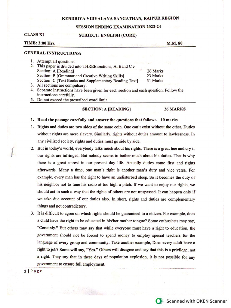 ENGLISH SEE Class 11 Sample Paper | PDF