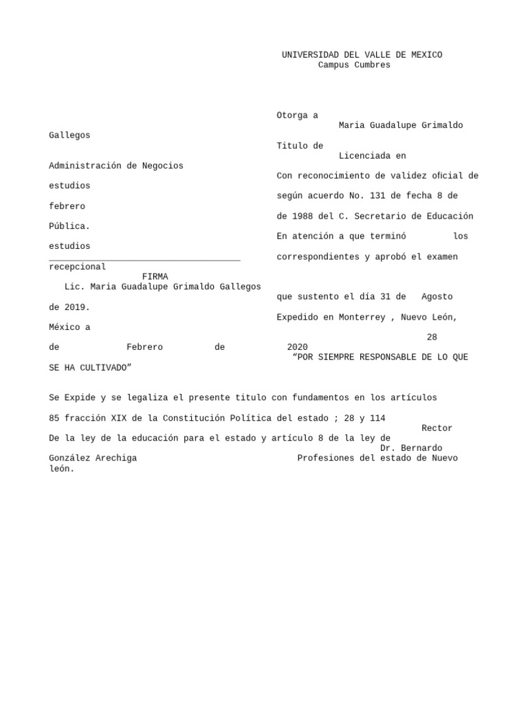 TITULO PARTE DE ENFRENTE Uvm | PDF