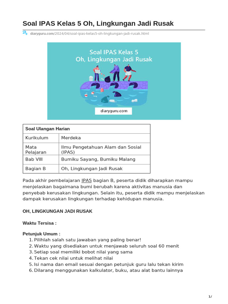 Soal IPAS Kelas 5 Oh Lingkungan Jadi Rusak | PDF