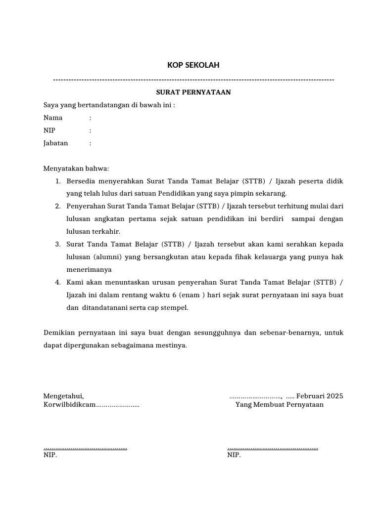 1.a. Revisi Surat Pernyataan Penyerahan STTB, Ijazah | PDF