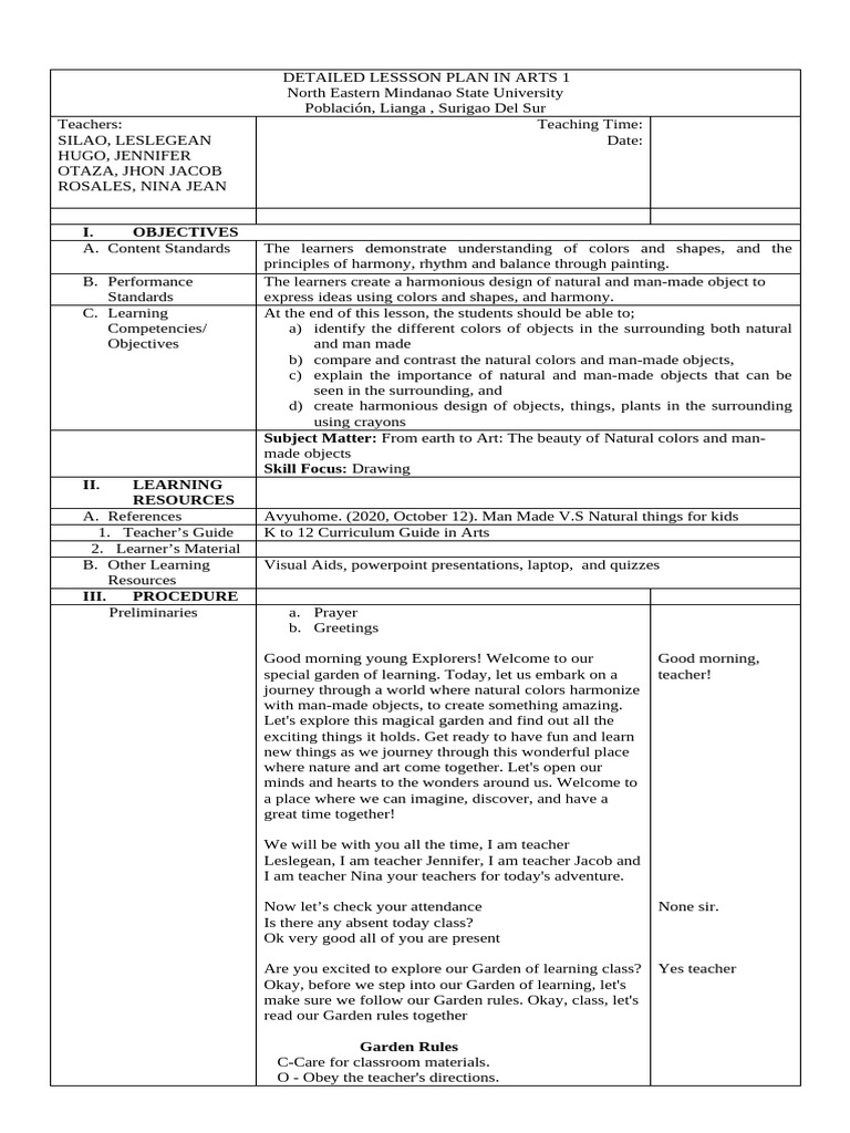 Finalism Lesson Plan in Arts 1 | PDF | Lesson Plan | Color