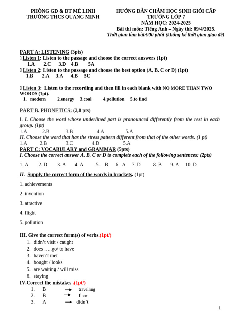 ĐÁP ÁN ĐỀTHI HSG T.ANH 7 | PDF | Syntax | Grammar