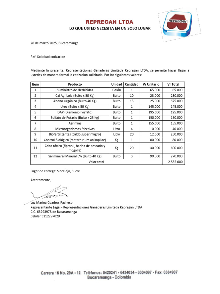 Cotizacion Repre Sincelejo | PDF