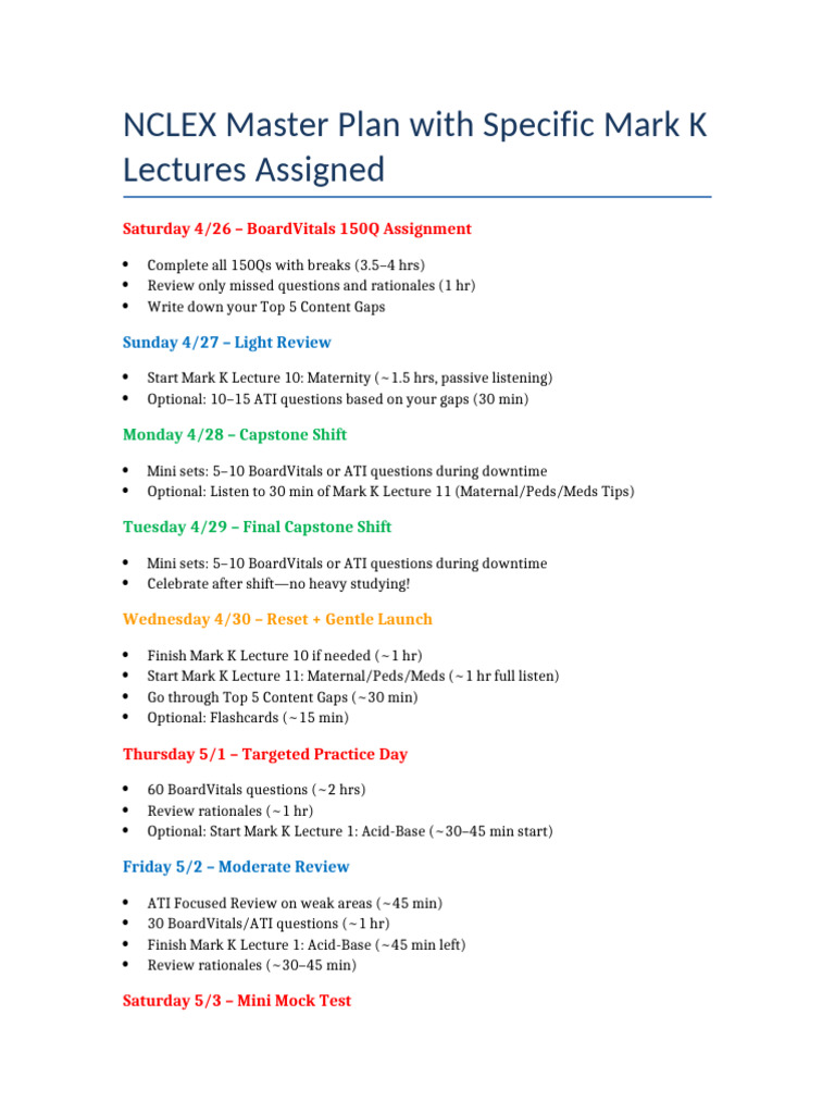 NCLEX Study Schedule with Mark K Lectures | PDF