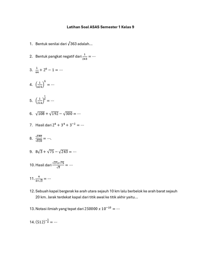 Latihan Asas Sem 1 Kelas 9 MTK | PDF