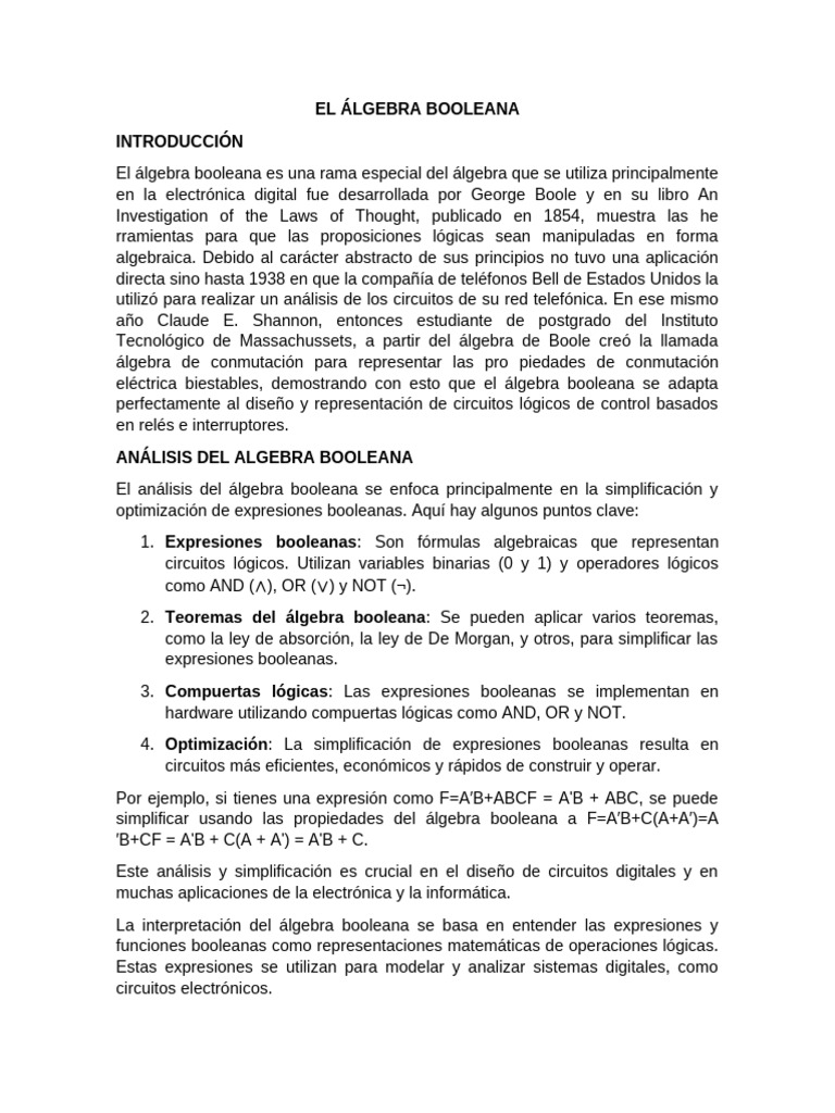 EL ÁLGEBRA BOOLEANA tarea | PDF | Álgebra de Boole | Enseñanza de matemática