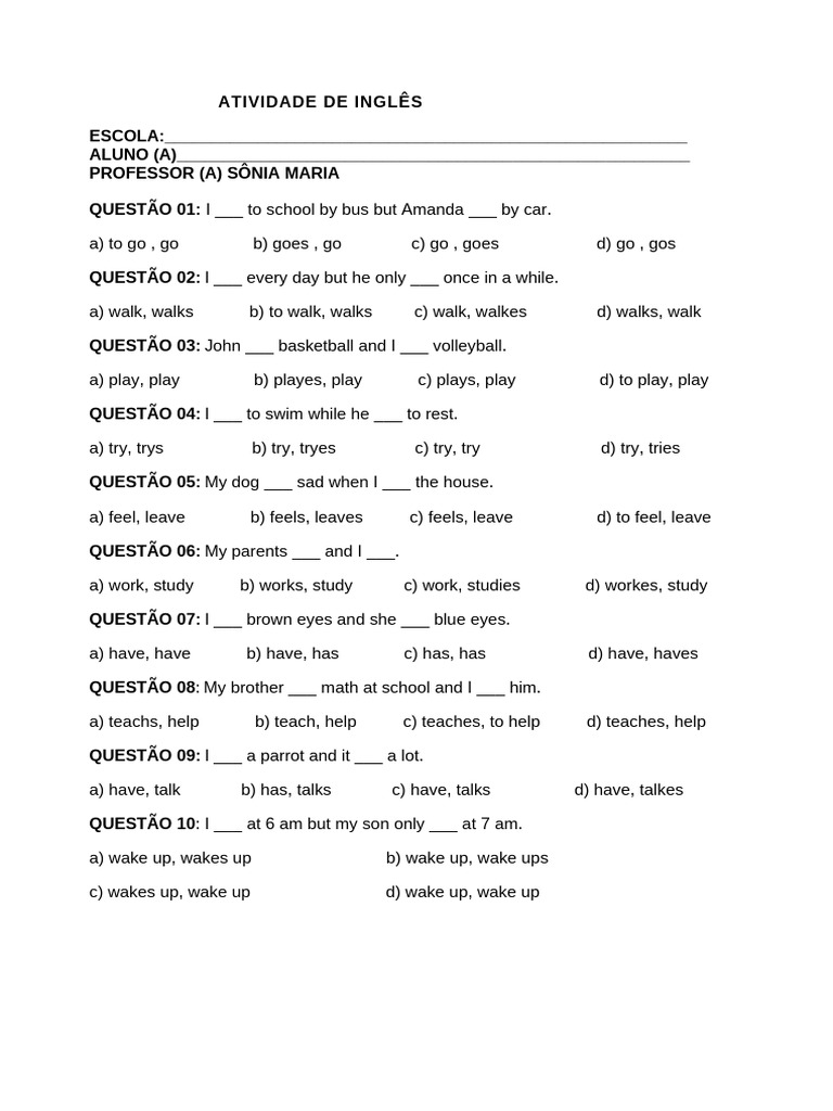 ATIVIDADE DE INGLÊS SIMPLE PRESENT-25 | PDF