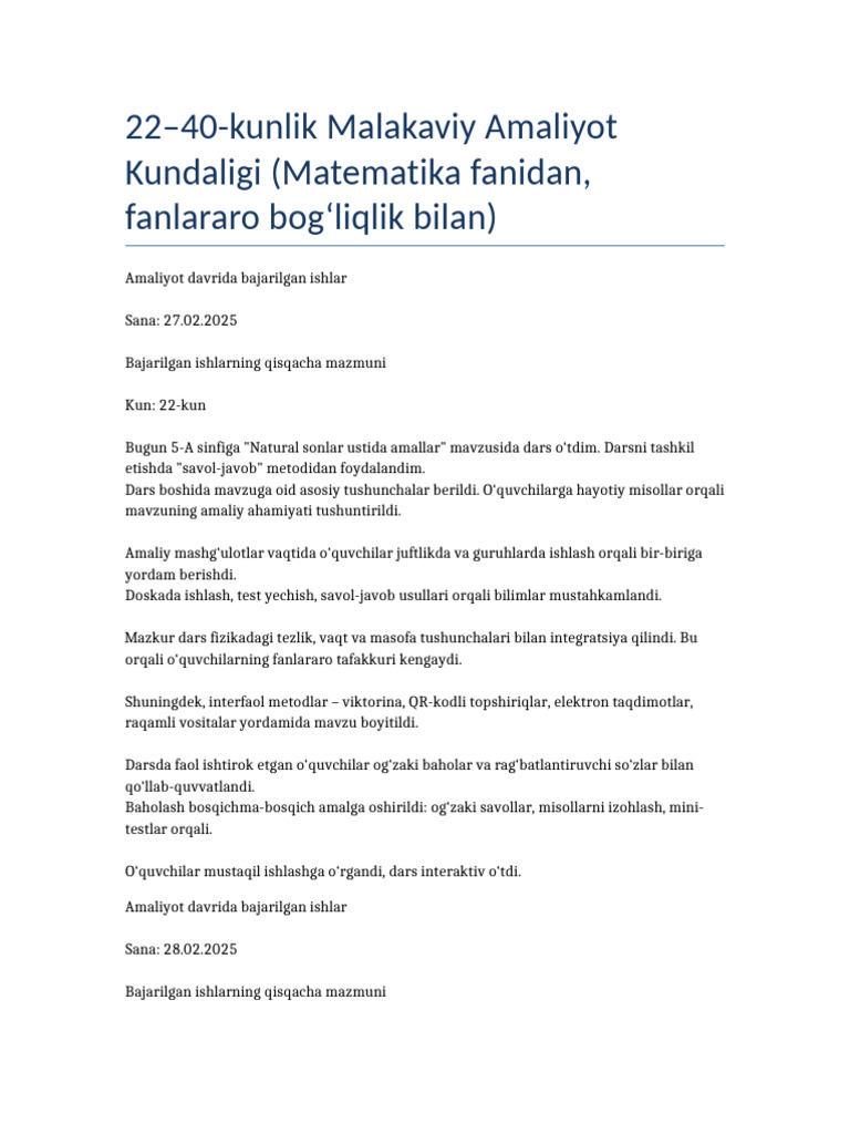 22-40 Kun Kundalik Fanlararo | PDF