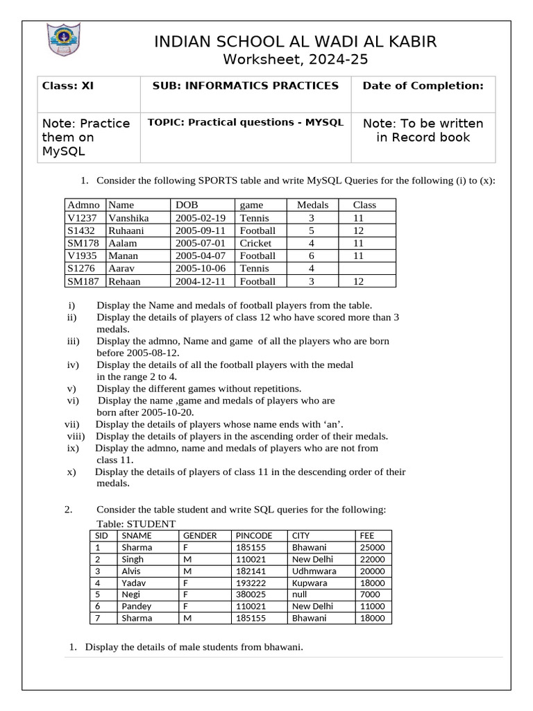 6929171-Class XI-IP WS8 | PDF | Data Management | Databases