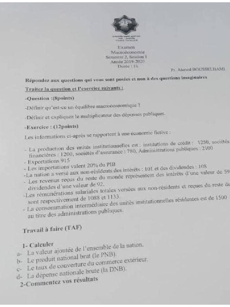 MacroeÌ Conomie - PR - Touhami Larbi - Exam | PDF