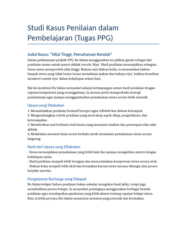 Studi Kasus Penilaian Pembelajaran PPG | PDF