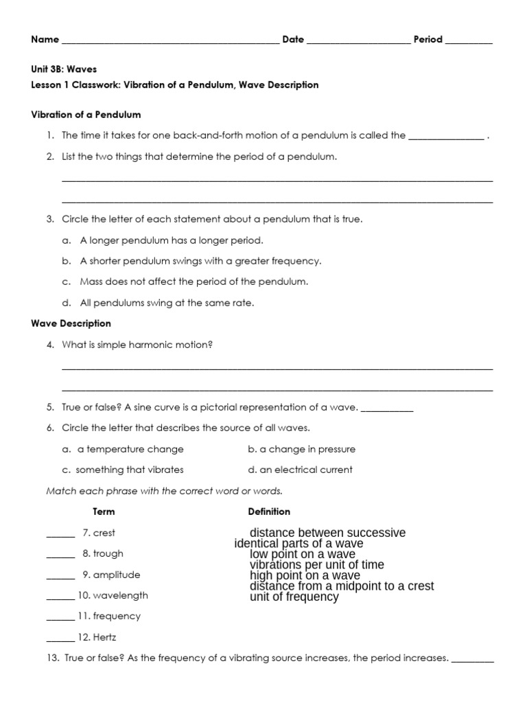 Vibration of A Pendulum Waves Worksheet | PDF