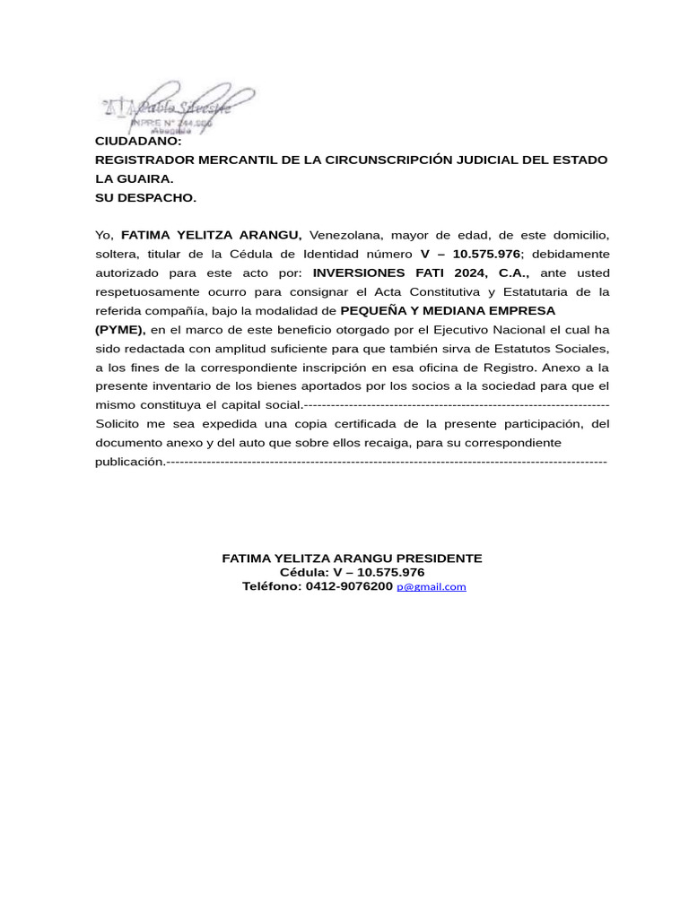 Acta Constitutiva - Inversiones Fatima 2024 | PDF | Compartir (Finanzas) | Pagaré