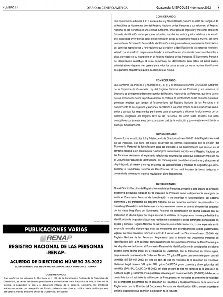 Acuerdo de Directorio 25-2022 Reforma Al Reglamento de Emision Del Documento Personal de ...