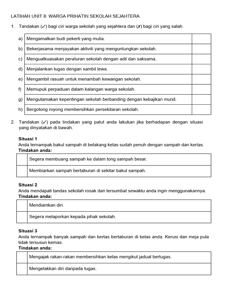 Latihan Pend. Moral Unit 8 Ting. 1 | PDF