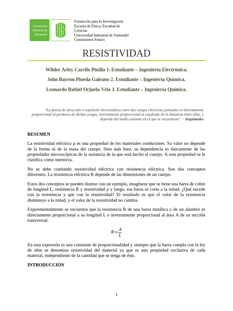 Física 2 Resistividad | PDF | Resistividad Eléctrica y Conductividad ...