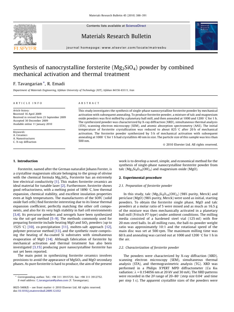 Synthesis of nanocrystalline forsterite powder by combined mechanical activation and thermal ...