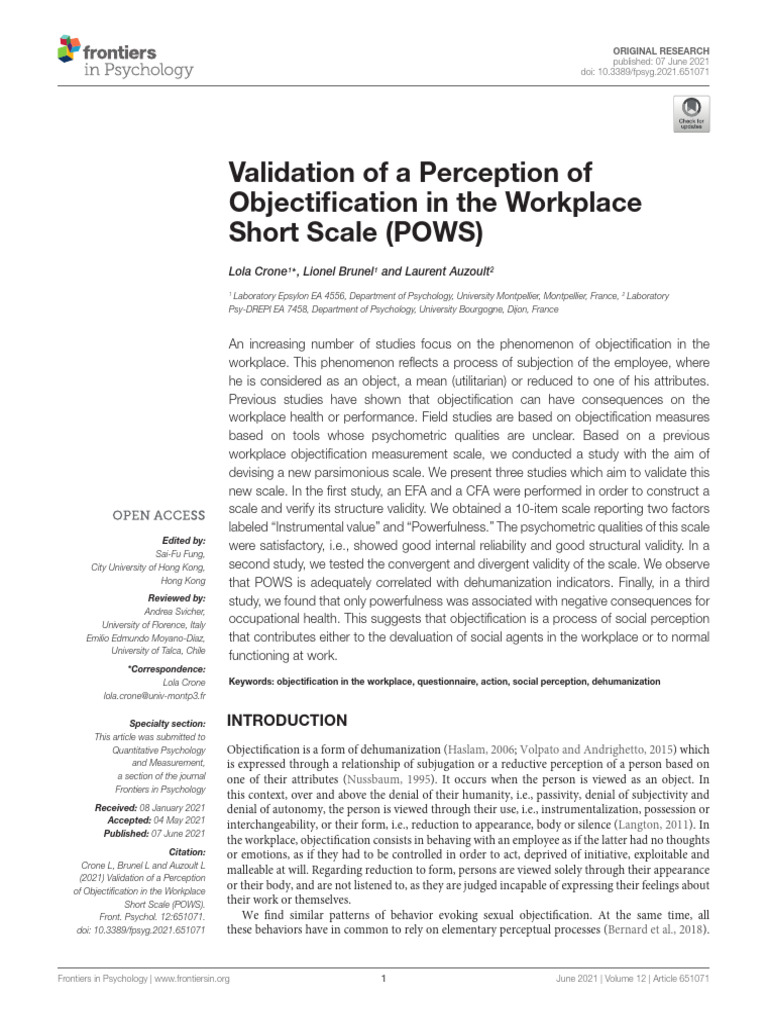 Validation of A Perception of Objectification in The Workplace Short Scale (POWS) | PDF ...