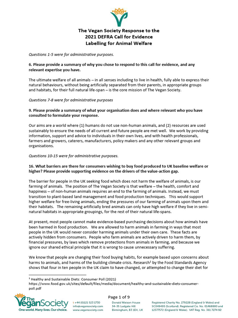 2021 TVS Response DEFRA Labelling Animal Welfare | PDF | Animal Welfare ...
