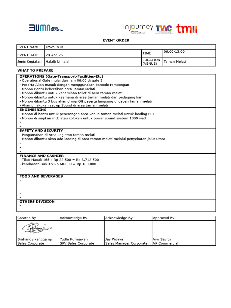 Event Order Travel HTK - Sheet1 | PDF