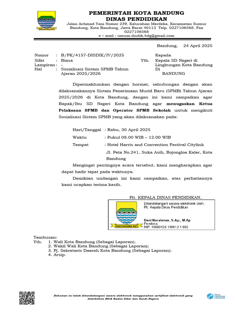 Surat Undangan Sosialisasi Sistem SPMB - SD | PDF