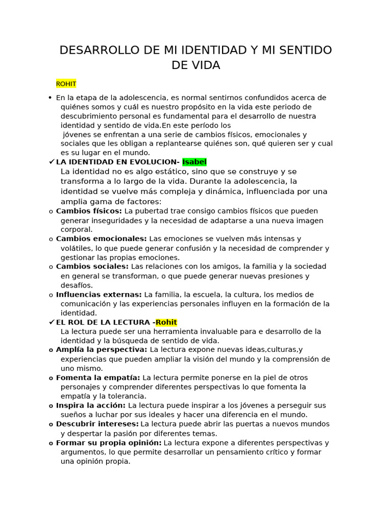 Desarrollo de Mi Identidad y Mi Sentido de Vida | PDF | Las emociones ...