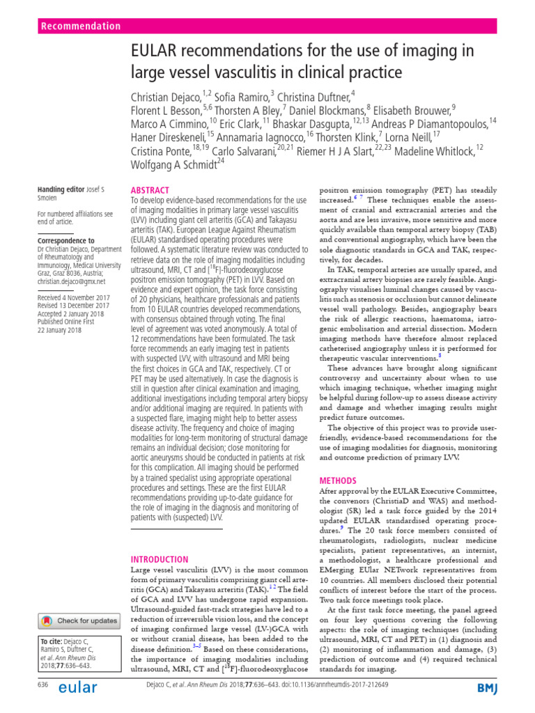 Guideline Eular 2018 Imagem Grandes Vasos | PDF | Medical Imaging | Magnetic Resonance Imaging