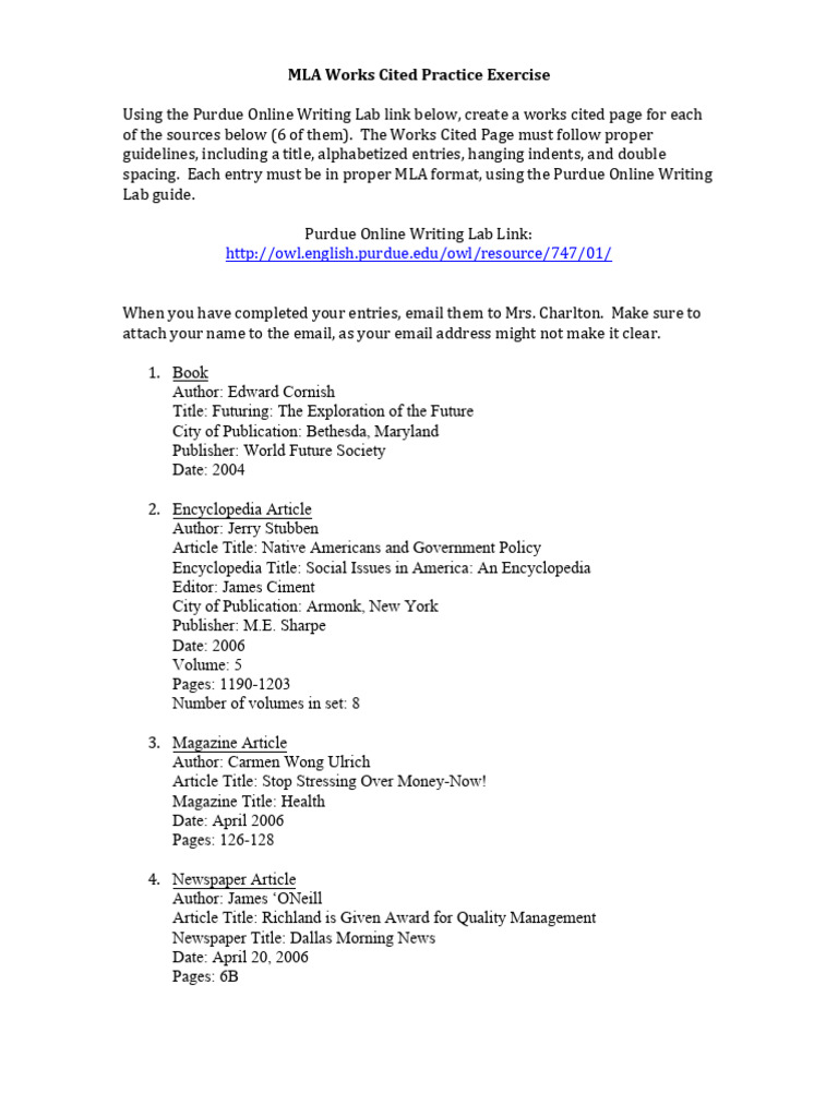 Mla Works Cited Practice Exercise | PDF