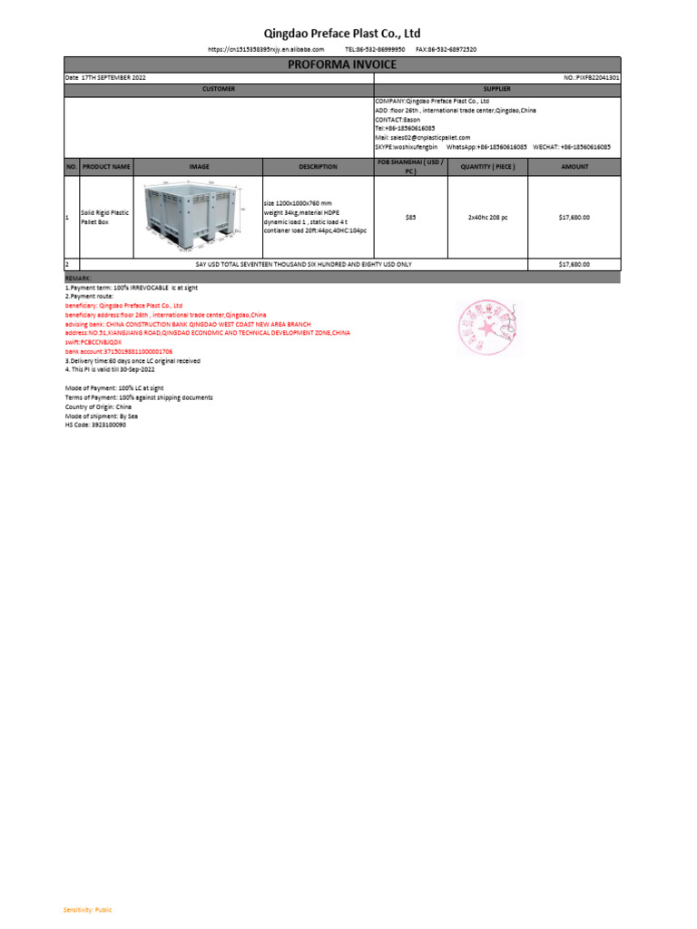 Proforma Invoice for Plastic Pallet Box | PDF | Freight Transport