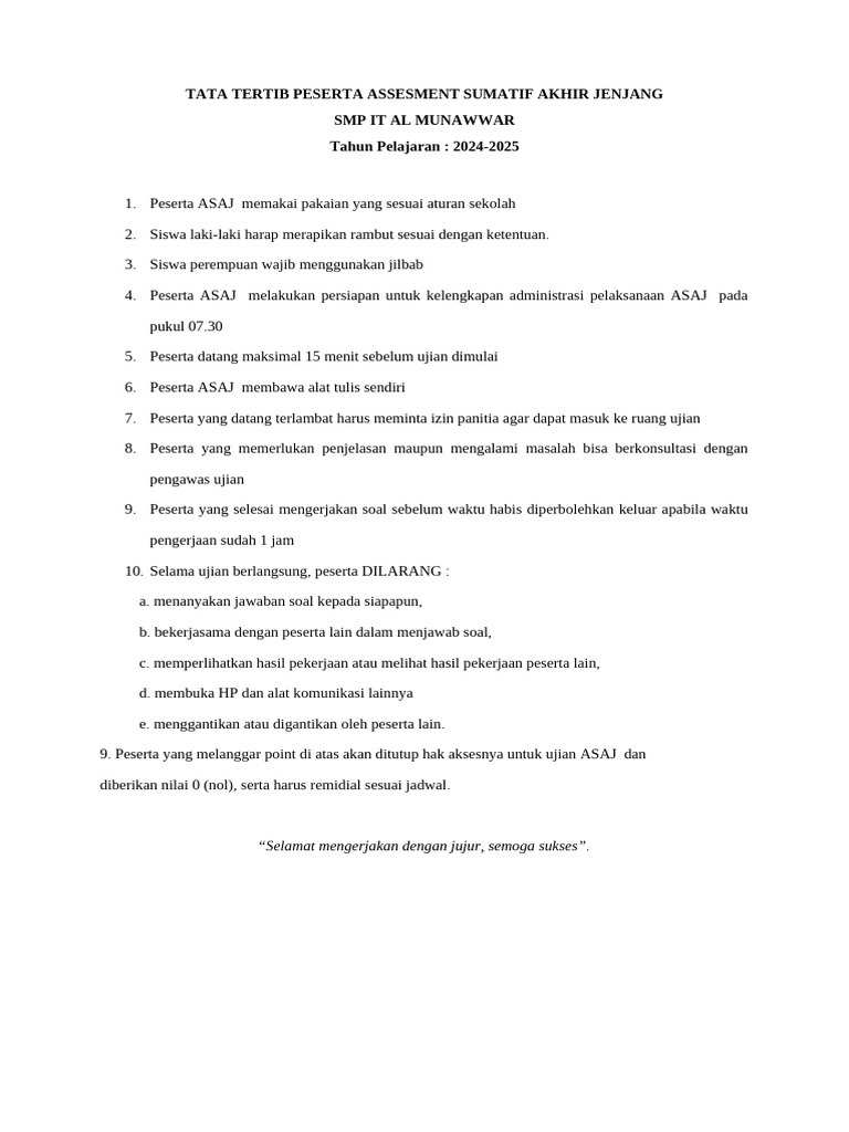 TATA TERTIB PESERTA PENILAIAN AKHIR SEMESTER | PDF