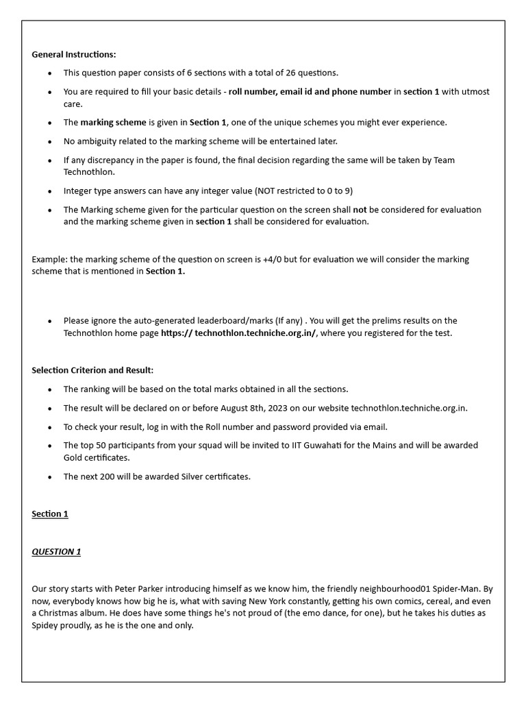 Technothlon 2023 Exam Instructions | PDF
