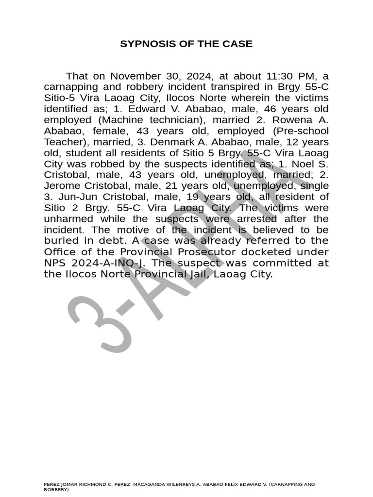 Carnapping and Robbery Incident Report | PDF
