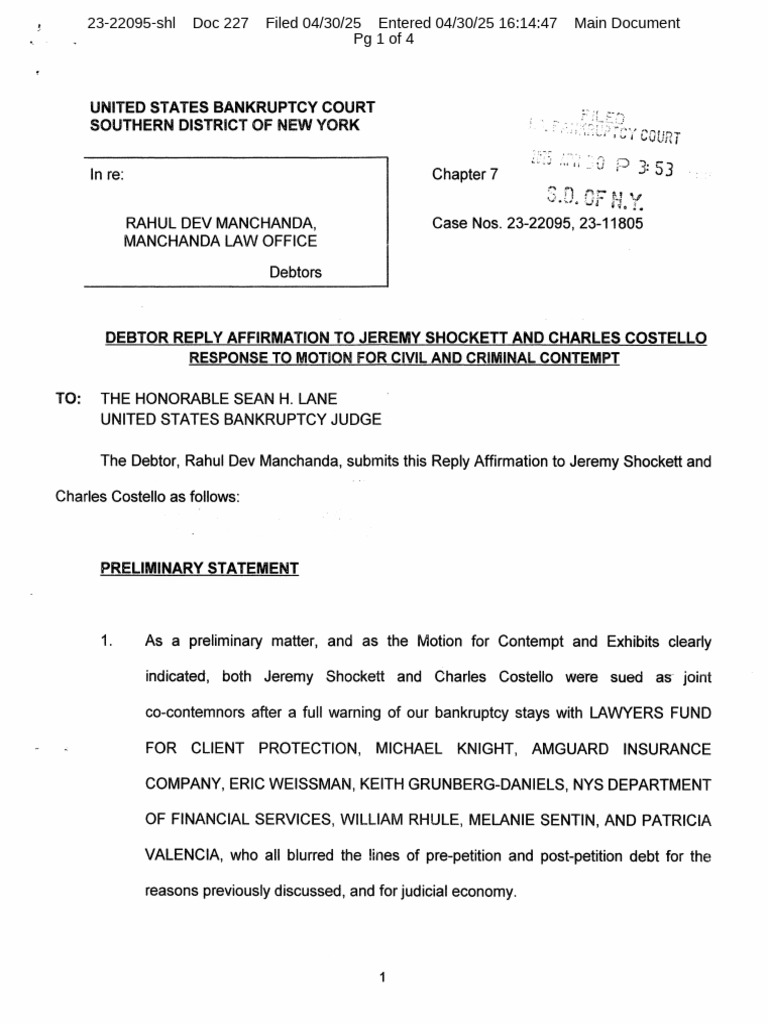 Debtor Reply Affirmation to Jeremy Shockett and Charles Costello ...
